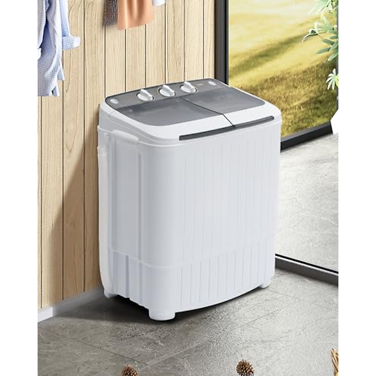 Muhub Portable Twin Tub 16.5lbs Mini Washing Machine,Compact Semi-automatic Washer and Spin Combo,Top Load,Portable Washer for Dorms,Apartments,RVs(White & Gray)
