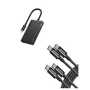 Anker USB C Hub, 332 USB-C Hub (5-in-1, 4K HDMI) with 100W Power Delivery, 4K@30Hz HDMI Display, 5Gbps USB-C and USB-A Data Ports & New Nylon USB C to USB C Cable (6ft 60W, 2-Pack, USB 2.0)