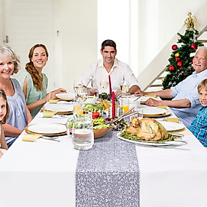 6 Pack Sequin Table Runner Silver, 12 x 108 inch Glitter Silver Table Runner for Rectangle Table for Birthday, Wedding, Banquet, Holiday Party Decorations & Baby Shower