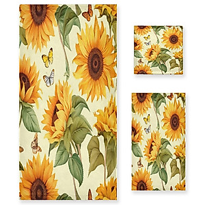 Flradish Sunflower Butterfly Towels 3 Pack Bath Towels for Bathroom Set Soft Cotton Highly Absorbent Lightweight & Quickdry Towel Set 1 Bath Towel,1 Hand Towel,1 Washclothe