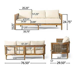 Merax Patio Furniture 5-Piece Outdoor Acacia Wood Wicker Conversation Set with 3 Seater Sofa,Loveseat,2 Chairs and Coffetable for Backyard, Beige