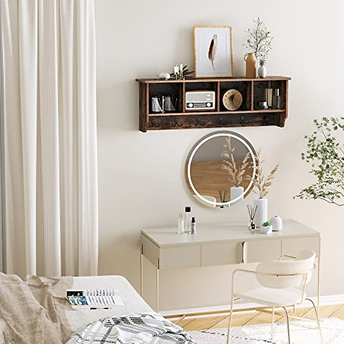 finetones Wall-Mounted Coat Rack with 6 Dual Hooks and 4 Storage Cubbies, Entryway Floating Hanging Shelf Cubby Coat Rack Organizer for Bathroom, Living Room, Kitchen, Rustic Brown