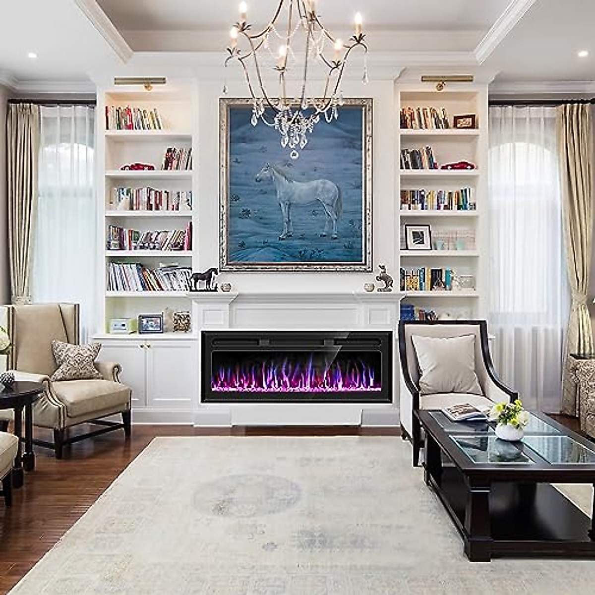 Hocookeper 60 inch Electric Fireplace, Wall Mounted and Recessed Fireplace Linear Fireplace Insert with Remote Control, Adjustable Flame Colors, Timer,750w/1500w, Black