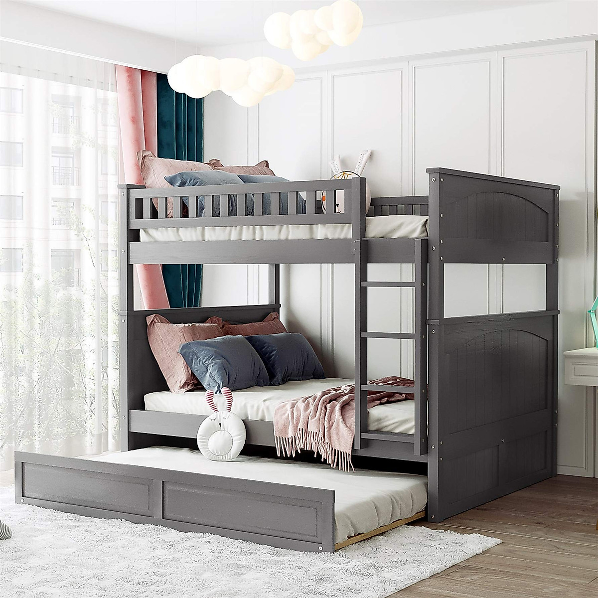 Harper & Bright Designs Full Over Full Bunk Bed with Trundle, Bunk Beds Full Over Full with Safety Rail & Ladder, Detachable Wood Full Bunk Bed Frame for Kids Girls Teens Adults ，Brushed Gray