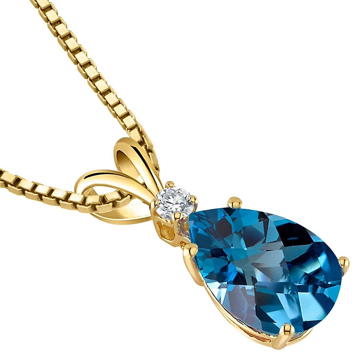 PEORA 14K Yellow Gold 2 Carats London Blue Topaz with Diamond Pendant, Genuine Gemstone Teardrop Solitaire, Pear Shape 10x7mm AAA Grade