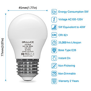 ORALUCE A15 LED Bulb 5 Watts Warm White 3000K,40W Equivalent Table Lamp Bulb, E26 Standard Screw Base G45 Shape Small Light Bulbs for House Lighting,450 Lumen,Non-Dimmable,6 Pack