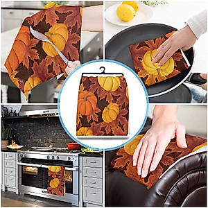 DuoPhi Fall Kitchen Towels Set Harvest Orange Pumpkin Maple Leaves Dish Towel Happy Thanksgiving Day It's Y'all Dishcloths 2 Pack,18x28 Inches Absorbent Soft Cotton Cloths Bar & Tea
