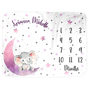 Elephant Baby Milestone Blanket Girl, First Year Monthly Growth Blanket, Personalized Name Month Photo, Love You to The Moon and Back, Baby Girl Shower Gift (Elephant-Pink, Smooth 38x28)