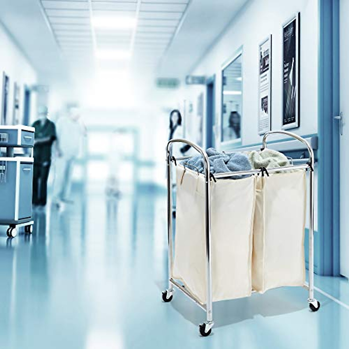 Seville Classics Laundry Hamper Sorter Cart Mobile Premium 2-Bag Compact, Canvas