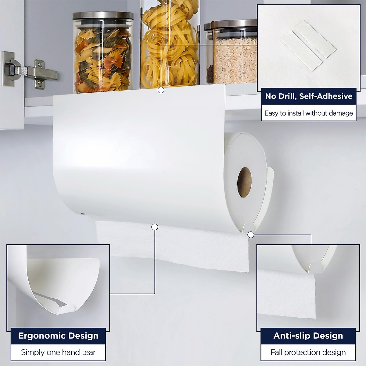 Dogorow Paper Towel Holder - Under Cabinet Paper Towel Holder for Kitchen, Bathroom - One Hand Operation, Space Saving Design - Paper Towel Rack, Self-Adhesive, No Drill Mounting (White)