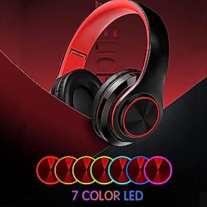 YTDTKJ Bluetooth Over Ear Headphones, Foldable LED Stereo Headphones with Built-in Microphone, Noise-Cancelling Wireless Headset for PC/Smart Phone/TV (Black & Red)