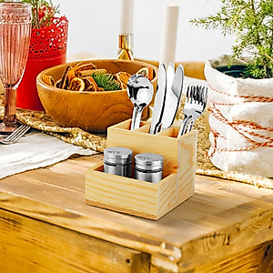Wooden Silverware Holder,Countertop Silverware Organizer,Silverware Holder for Fork,Spoon,Knife,Condiment Shakers,4 Compartments Utensil Caddy for Farmhouse Kitchen Decor,Parties,Hotel