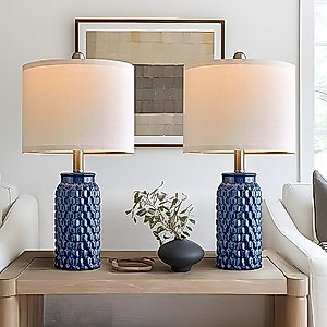 USumkky 20.5 inches Modern Ceramic Dark Blue Bedside Lamp Set of 2 for Bedroom Decor Farmhouse Table Lamp for Living Room Office Dorm