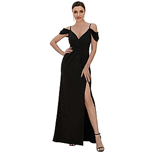 Ever-Pretty Women's Long Glitter A-line Off Shoulder Wedding Party Dress for Women Black US14