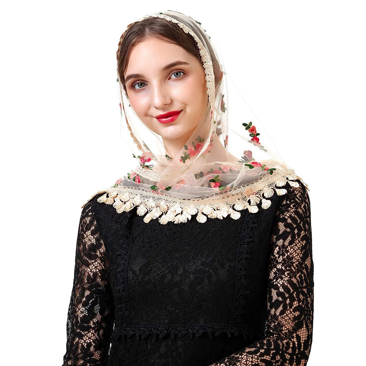 PAMOR Triangle Little Flower Chapel Veils Embroidered Scarf Shawl Latin Mass Head Covering Mantilla Veil for Church (Champagne Rose)