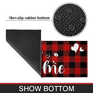 Xsinufn Valentines Day Kitchen Mat Set 2 Piece,Valentines Day Buffalo Plaid Decorative Kitchen Rugs,Valentines Hearts Low-Profile Kitchen Mats for Home Kitchen (17"x48"+17"x30" Be Mine)