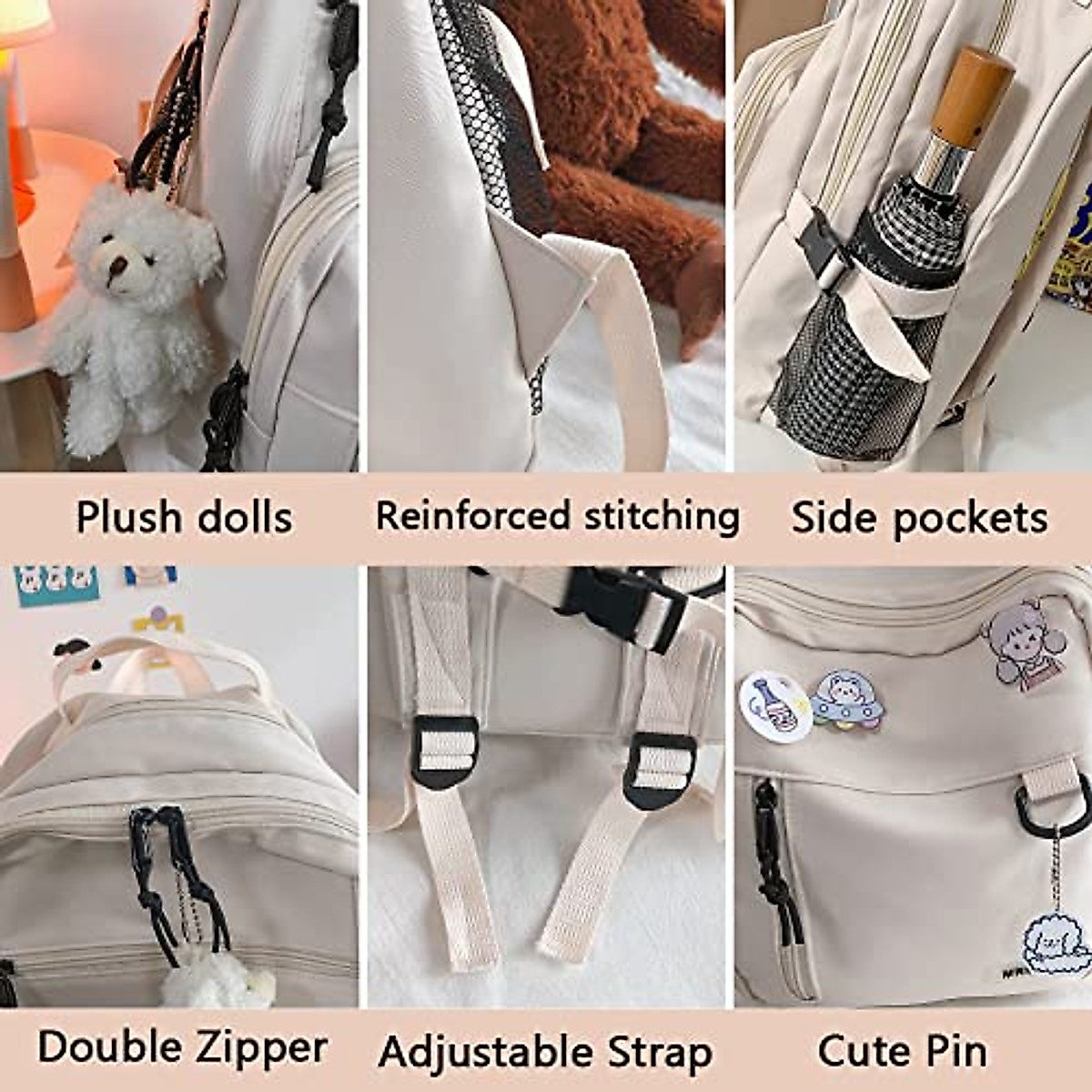 Aesthetic Backpack for School, Teen Girls Preppy Backpack, Fashion Big Student School Bags, Multi Pocket Canvas Backpack (Black)