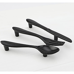 Sinyiol 2Pcs Matte Black Funny Cutlery Tableware Cabinet Pulls,Creative Spoon Fork Knife Shape 3" Hole Center Vintage Kitchen Cupboard Pulls Handles,Cute and Fun (2Pcs, Fork, Matte Black)