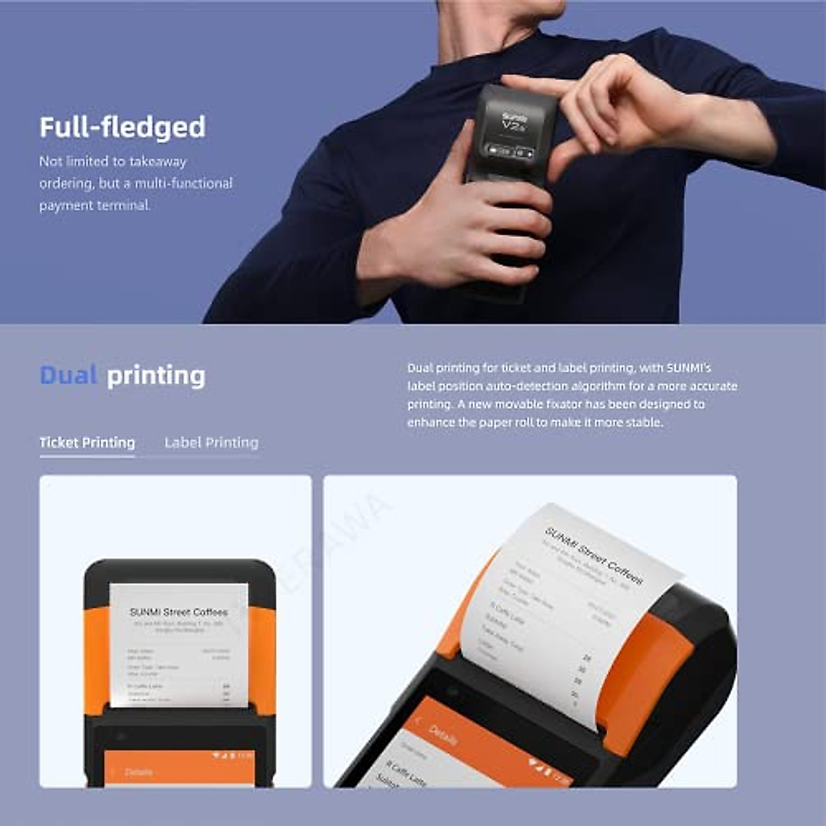 IWERAWA POS Printer SUNMI V2s Smart Mobile Terminal 58mm Thermal Receipt Printer, Supports Label Ticket Printing, NFC, Perfect to Manage queues, Online, Mobile & Takeaway Orders (NFC3+32G(GMS))