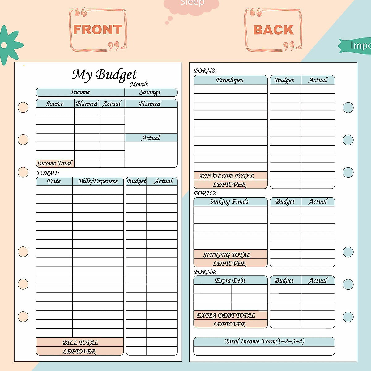 164 Sheets 6 Hole Budget System Refill 37.4 x 66.93 Inch Classic Weekly Monthly A6 Planner Inserts Personal Double Sided 6 Ring Planner Refill for Binder Cover Budgeting Envelope Wallet Bill Saving