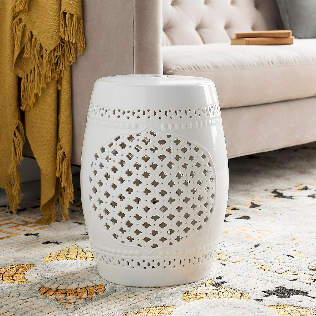 Livabliss Martin Global Trellis Garden Stool 12.8" x 18.1",18"H x 13"W x 13"D,White