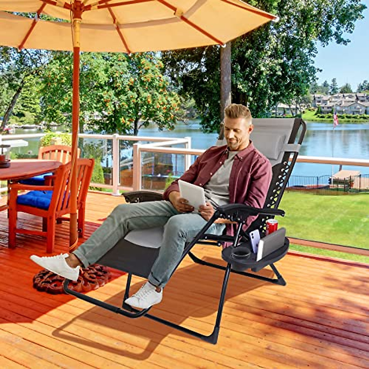 F2C Padded Zero Gravity Chair, Adjustable Foldable Patio Reclining Lounge Chair with Headrest Pillow Side Cup Holder Tray for Outdoor, Deck, Patio, Beach Yard Poolside, Black Gray…