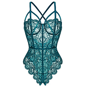 klier Lingerie for Women One Piece Teddy Floral Lace Bodysuit Babydoll Chemise Sleepwear Dark Green