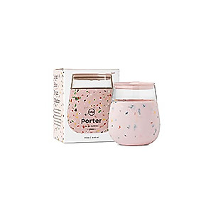 W&P Porter Portable Cocktail Glass with Protective Silicone Sleeve, Terrazzo Blush, 15 Ounces, On-the-Go, Reusable Wine Tumbler with Slide-lock Lid, Dishwasher Safe, 15 oz
