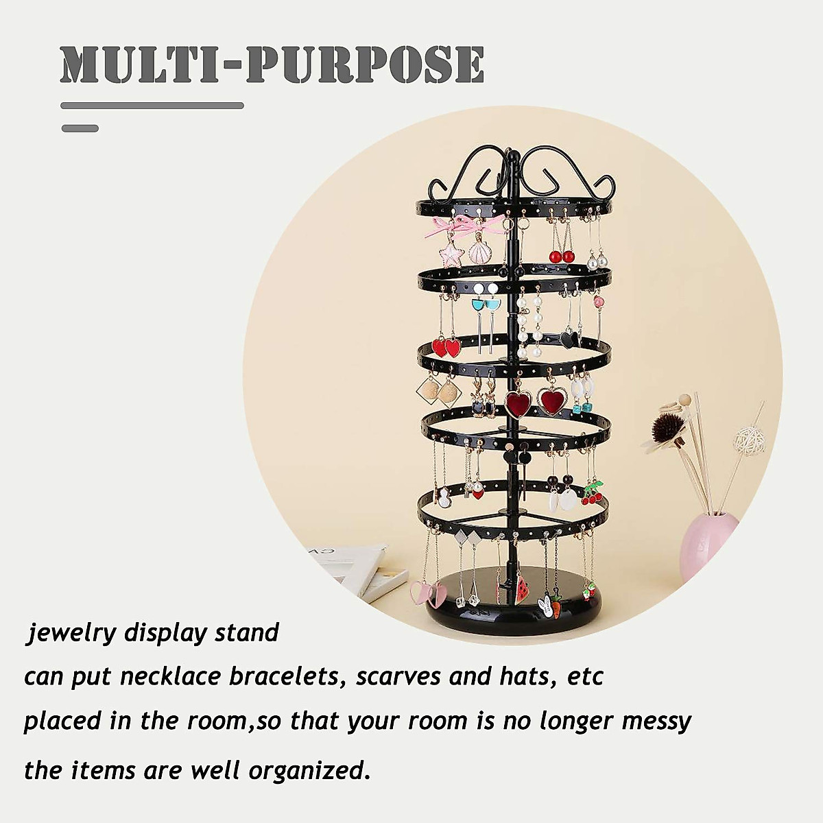 Qingsm 5-Tier Rotating 220-Hole Earring Holder Organizer,Metal Adjustable Jewelry Organizer Display Stand Hanging Towers