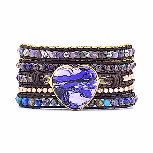 Teepollo Bohemian Leather Wrap Bracelets for Women-Beaded Heart Love Jasper Emperor Natural Stone Healing Energy Boho Hippie Bracelet for Girls Ladies Accessories Jewelry