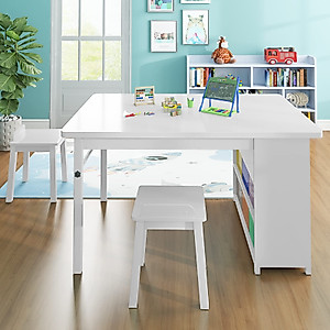 Mjkone Kids Art Table and 2 Chairs,Wooden Kid Craft Desk,Drawing and Painting Table Sets for Chirldren,Preschool Toddler Learning Furniture with Paper Roller,White