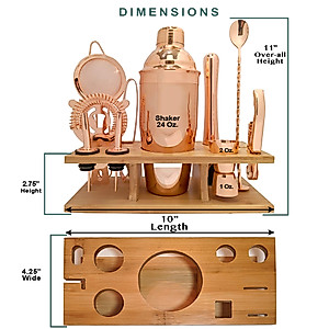 Bartender Kit, Rose Copper Cocktail Shaker set, 11-Piece Set, 24oz Martini Mixer, Muddler, Double Jigger, 2 Liquor Pourers, Mixing Spoon, Ice Tong, Strainer Set, Beer and wine opener with Bamboo Stand