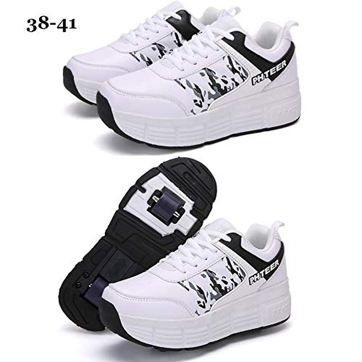 UGUHU Shoe with Wheels Retractable Skateboarding Outdoor Roller Skate Shoes Wheels Shoes Cross Trainers Sneakers for Boys Girls,WhiteDoubleWheel-32