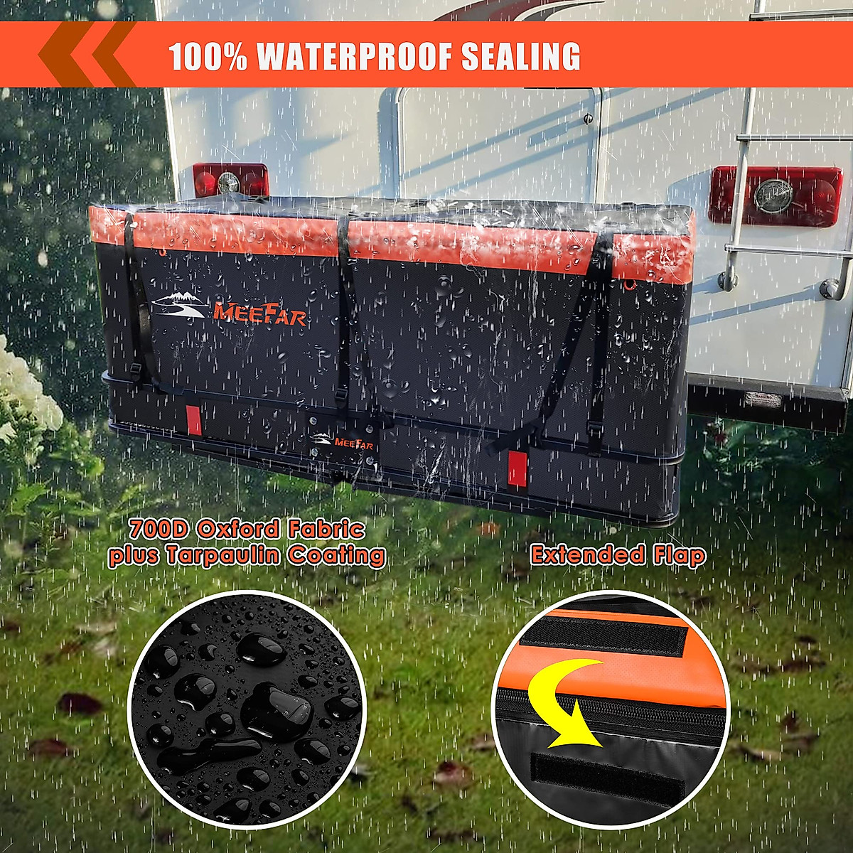MeeFar Hitch Mount Cargo Carrier Bag Soft Shell 100% Waterproof 20 Cubic Feet (59" 24" 24") Include 8 Reinforced Straps for Truck Pickup All Vehicle with Steel Cargo Basket