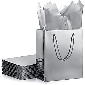 12 Pack Metallic Gift Bags Party Favor Bags Paper Shopping Bags with Handles Bulk and 12 Sheets Gift Tissue Paper Wrapping Paper for Birthdays, Wedding, Party Favors, 9 x 8 x 4 Inch(Silver)