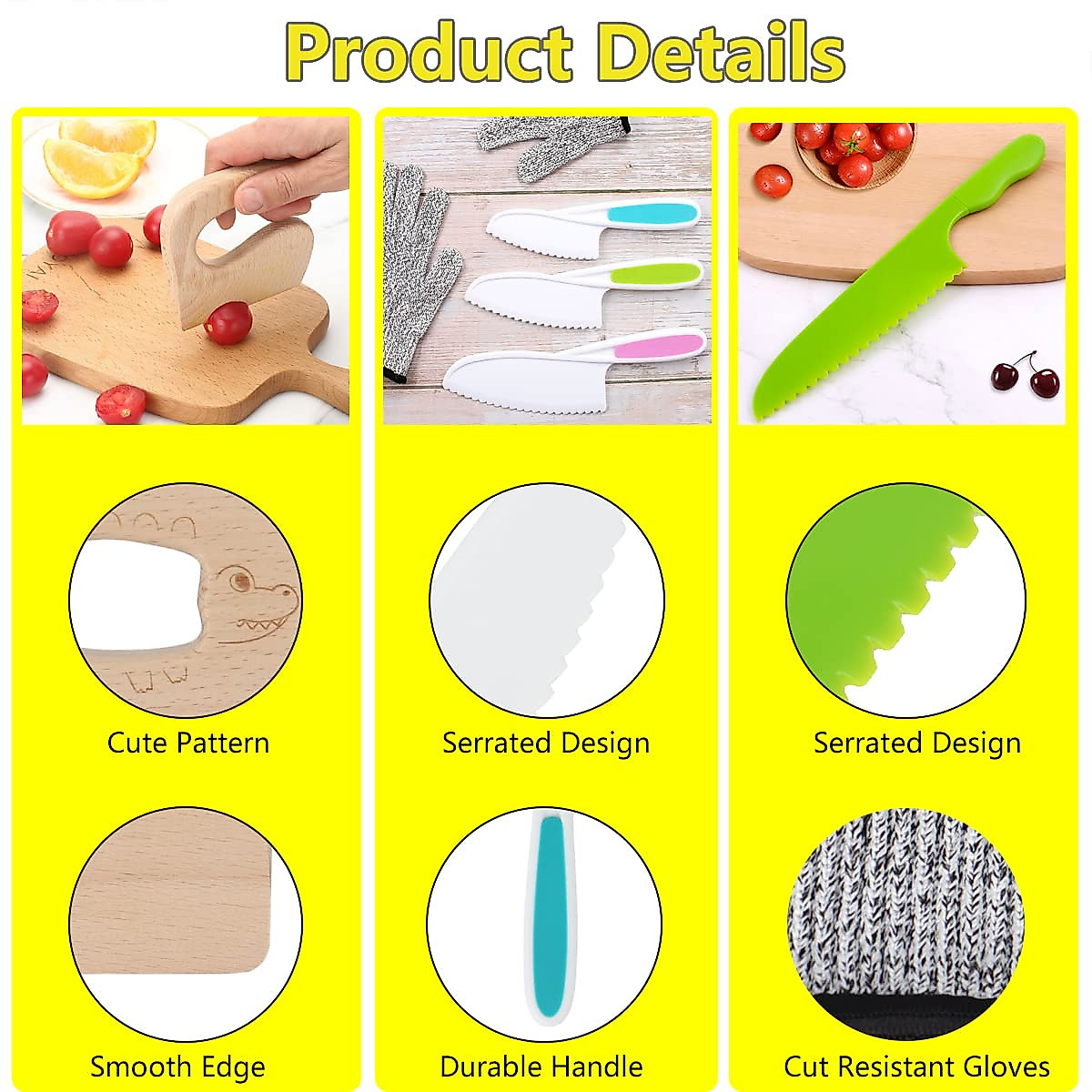 COZYMATE 6pcs Kids Wooden and Plastic Knife Set, Kids Safe Knife with Wood Kids Knife Resistant Gloves Cooking Knives Serrated Edges Toddler Knife Kids Plastic Knife for Kitchen Children