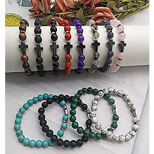 SAMOCO 12Pcs Healing Stone Beaded Bracelets for Women Men Semi-Precious Gemstones Bracelets Crystal Cross Beaded Bracelet Unisex Adjustable Stretch Bracelets 8MM