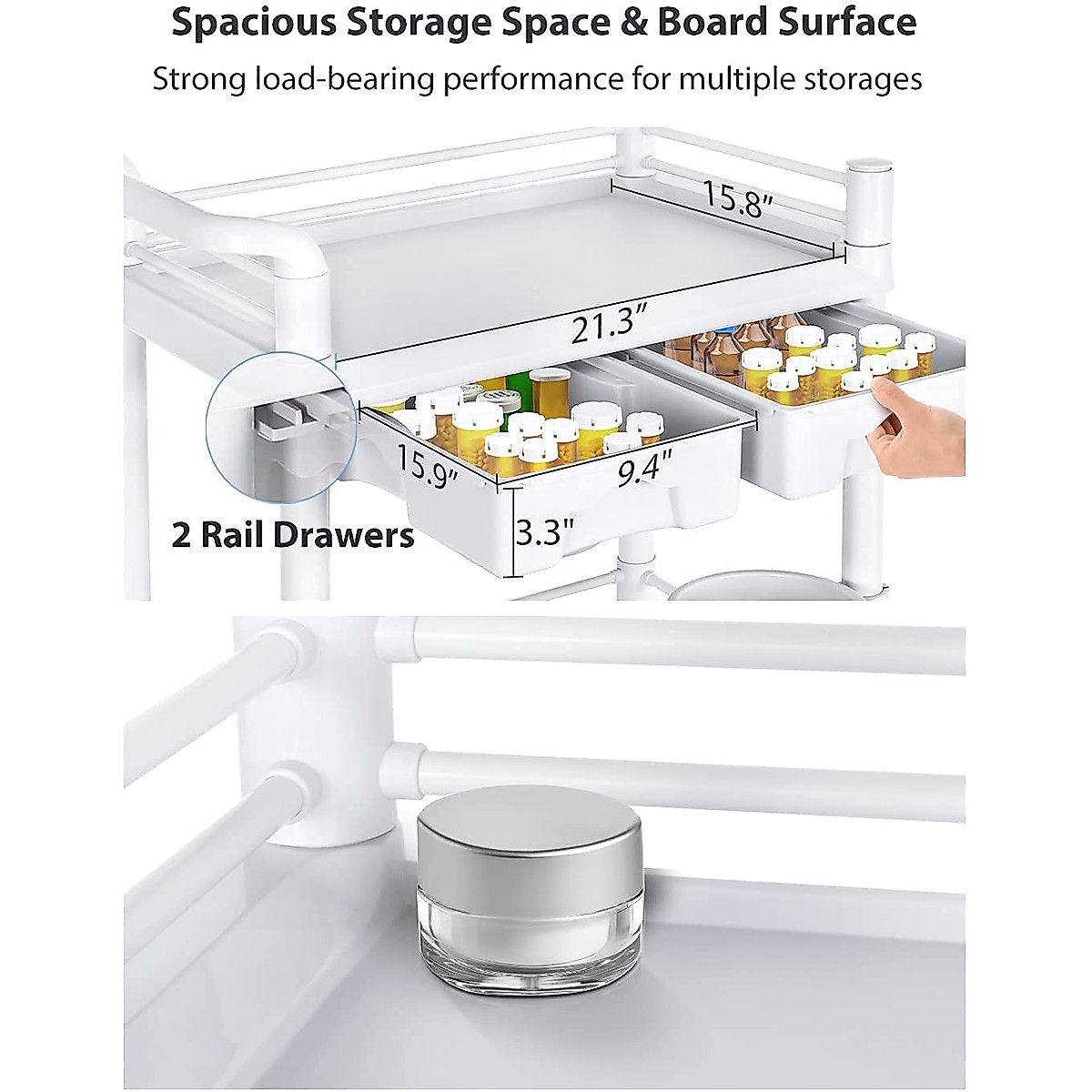 Mobile Trolley Cart, 2 Tier Heavy Duty Rolling Utility Cart with 360° Rotate Wheels, Medical Mobile Trolley Cart with Dirt Bucket & Drawer Spacious Beauty Salon Rolling Cart