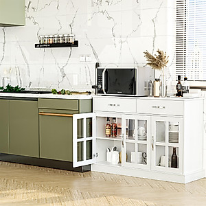 FOTOSOK Sideboard Buffet Cabinet with Glass Doors, Buffet Sideboard Kitchen Sideboard Cabinet Buffet Table with 2 Storage Drawers & Shelves for Dining Living Room, White