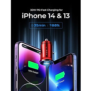 [Safety Certified] iPhone 15 Car Charger, LISEN Fast Charging 48W Cigarette Lighter USB Charger iPhone USB C Car Charger with 2-in-1 USB C and Lightning Cable for iPhone 15, Red