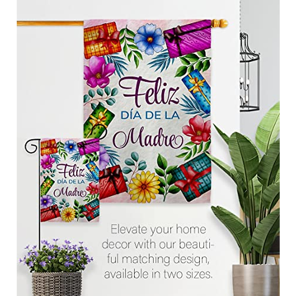 Feliz Dia De La Madre Garden Flag - Set Wood Dowel Family Mother Day Mom Mama Grandma Love Flowers Parent Sibling Relatives Grandparent - House Banner Small Yard Gift Double-Sided 13 X 18.5
