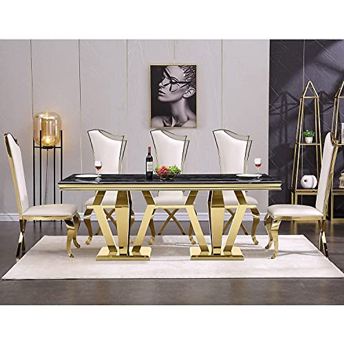 ACEDÉCOR Modern Dining Table, 78 inches Rectangular Dining Room Table for 6 to 8, Double Pedestal Dining Table in Black Gold