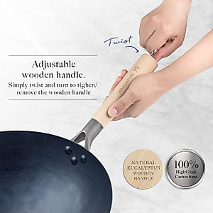 Mammafong Traditional Hand Hammered Pre-seasoned Round Bottom Carbon Steel Wok Set with Wok Spatula and Bamboo Brush (14 inch preseasoned wok set)…