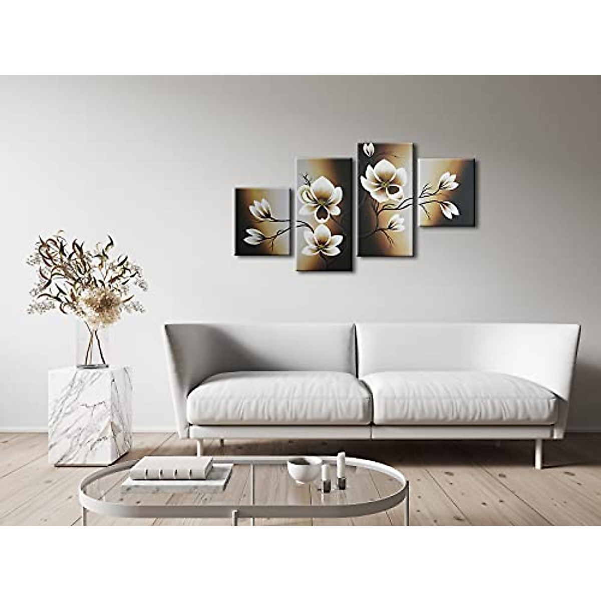 100% Hand-painted Wood Framed Abstract Floral Oil Painting on Canvas Warm Day Yellow Flowers Bloom Ready to Hang for Living Room Bedroom Home Decorations 4pcs/set