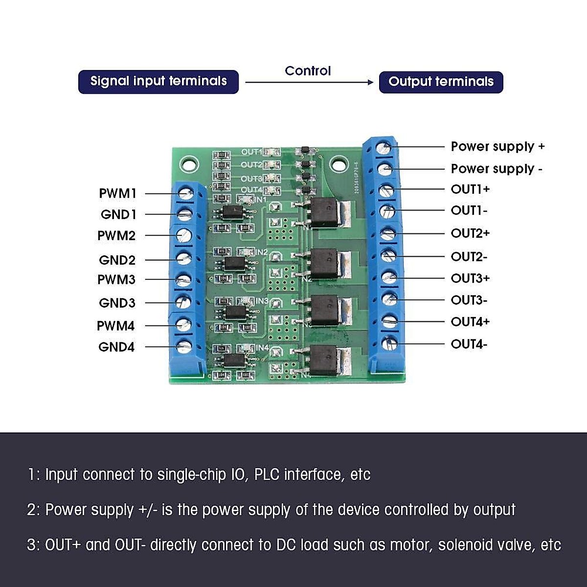 MOS FET PWM 3-20V to 3.7-27VDC 10A 4-Channel Driver Module PLC Amplifier Circuit Board