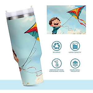 Nexawaveo Boy Kite Flying Tumbler With Handle And Straw 30-40oz Insulated Tumbler Cups With Lid Stainless Steel for Cold Water and Drinks for School Work Sports Car Travel and Weekends