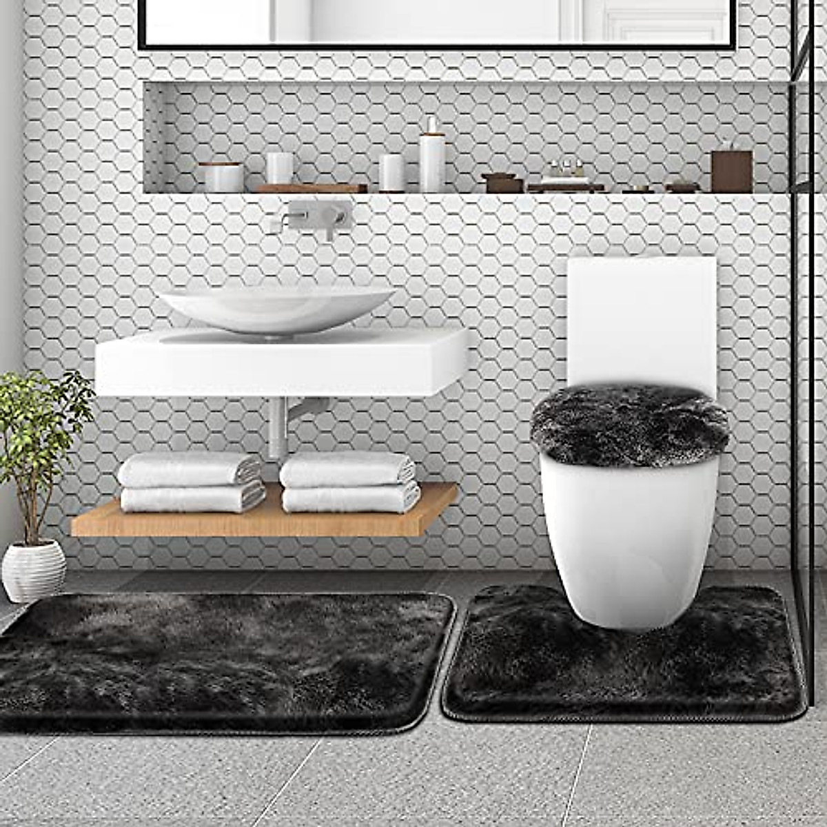 Bathroom Rugs Sets 3 Piece, Bath mats, Contour Mat and Toilet Seat Cover, Non-Slip Soft Thickness Faux Fur Rabbit Water Absorbent Shower Carpet Rug with PVC Point Rubber Backing, Machine Washable