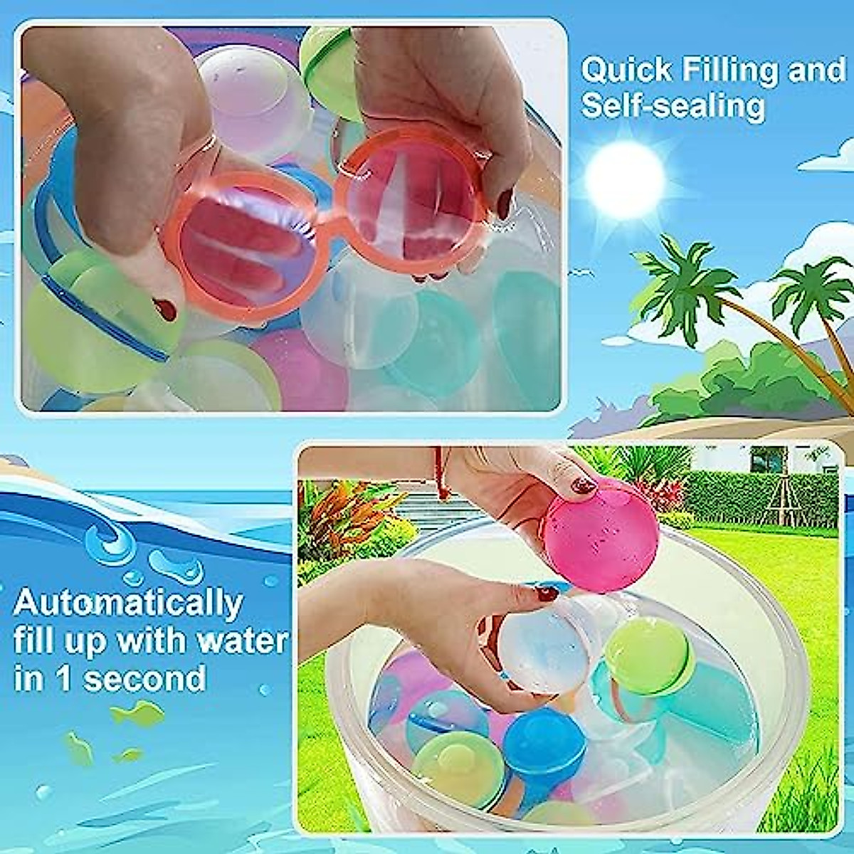 Reusable Water Balloons for kids, Summer Party, Bath Toy, Water Battle Game, Water Park, Latex-Free Silicone Fast Self-Sealing Water Bomb Splash Fun for Kids and Adults (Pack 16)
