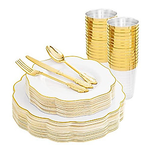 BUCLA 180 Gold Plastic Plates with Disposable Plastic Silverware include 30 Dinner Plates, 30 Salad Plates, 30 Forks, 30 Knives, 30 Spoons,30Cups for Wedding and Thanksgiving Party