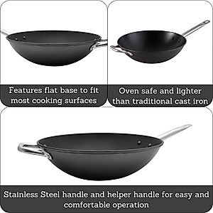 Imusa LCI-19008 Light Cast Iron Wok Pre-Seasoned Non-Stick with Stainless Steel Handles, 14", Black